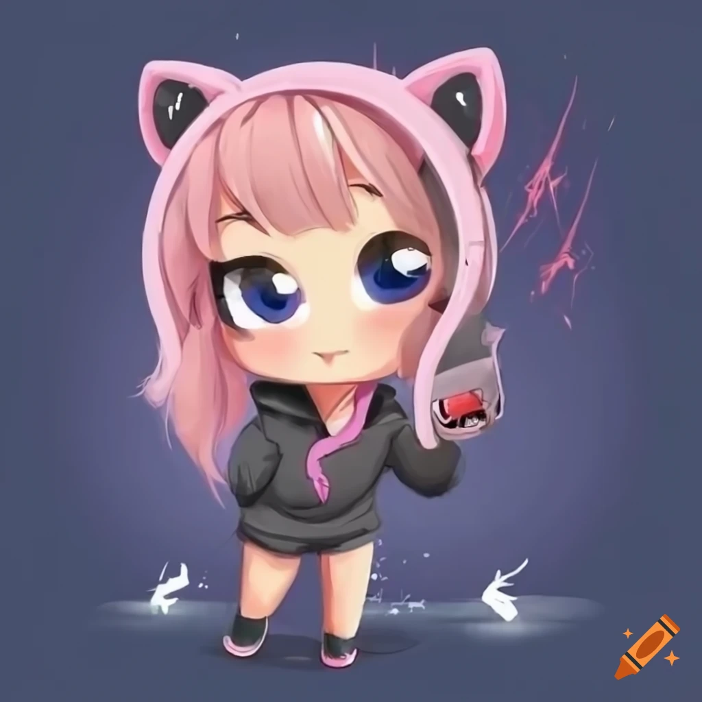Cute female chibi holding a controller wearing light pink cat ear ...