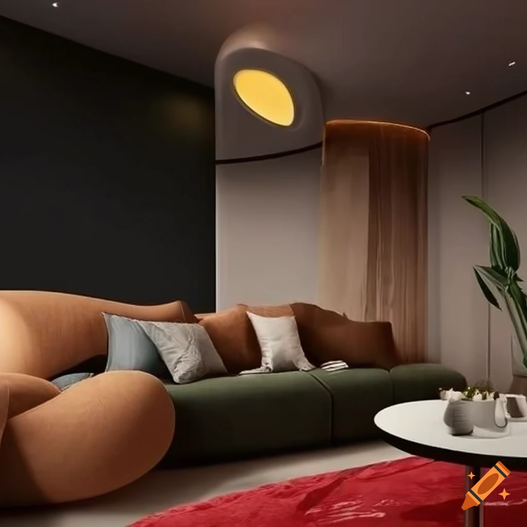 Hyper modern living room interior design with organic curved shapes