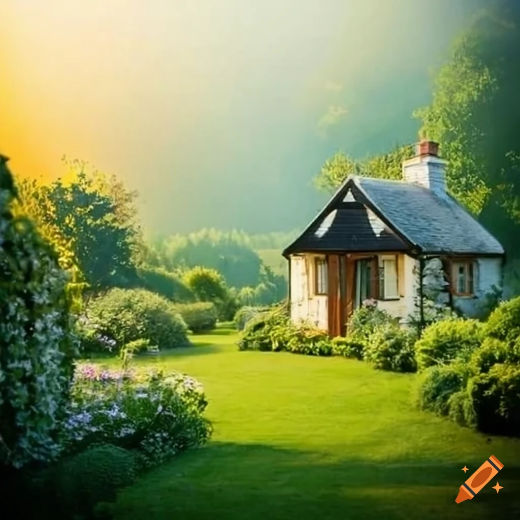 A cottage-styled garden with mist and hills in the back ground on Craiyon