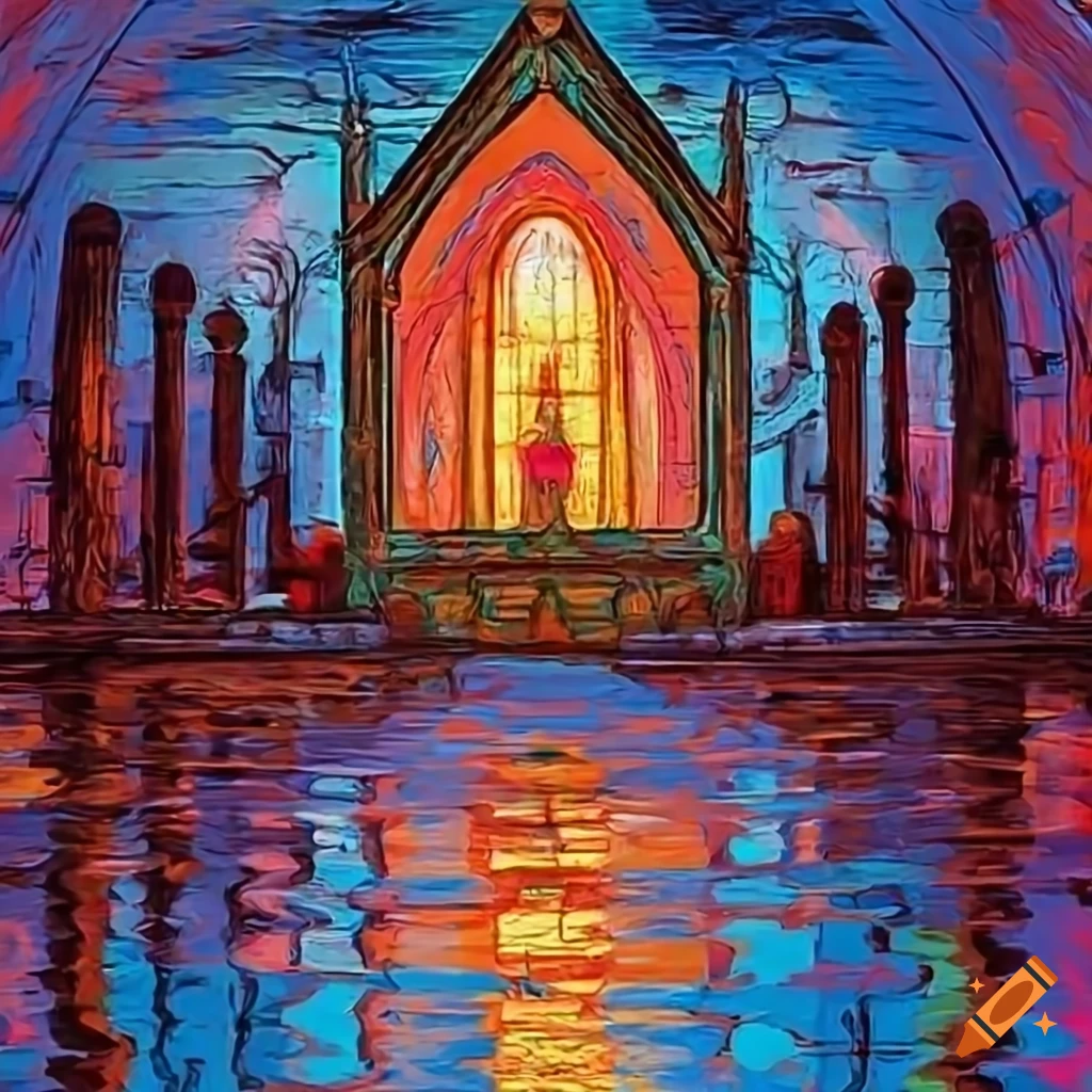 Bold graphic of futuristic sci fi Catholic altar shrine, with Chinese ...