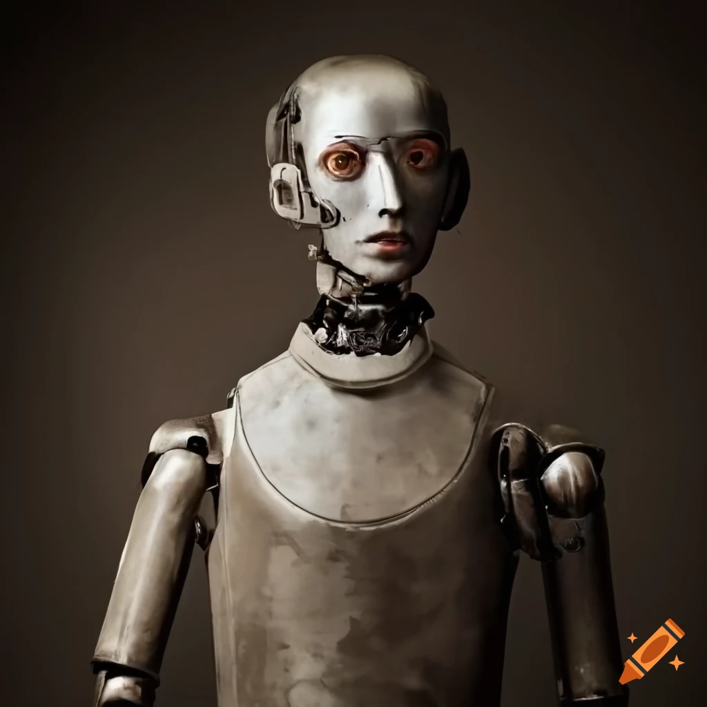 19th century portrait photograph of a human robot wearing a fancy suit ...