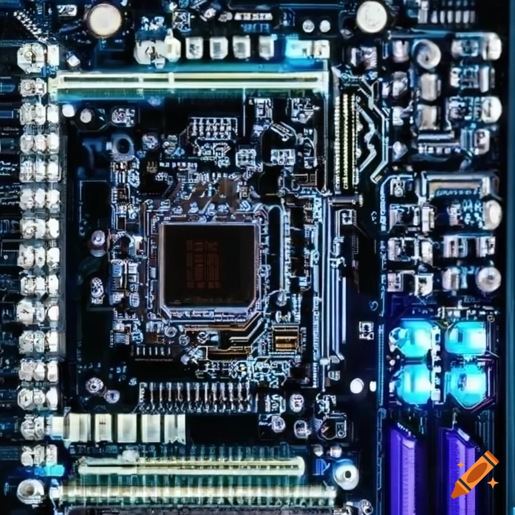 An intricate futuristic motherboard with illuminated circuitry
