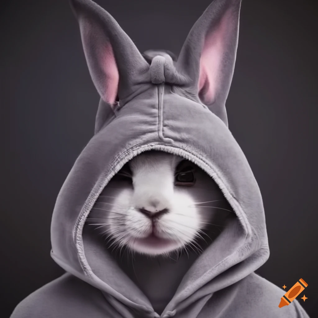 Rabbit wearing a gray hoodie