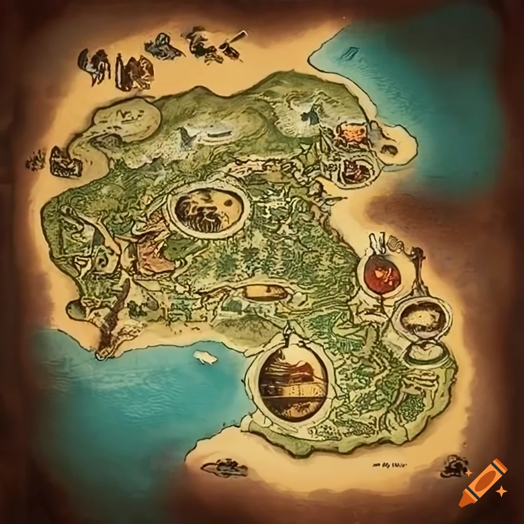 Illustrated map of lord of the rings with different worlds on Craiyon