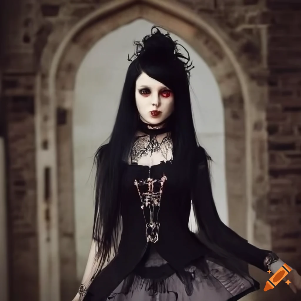 Gothic girl with black hair and red eyes, in a castle, in a chart