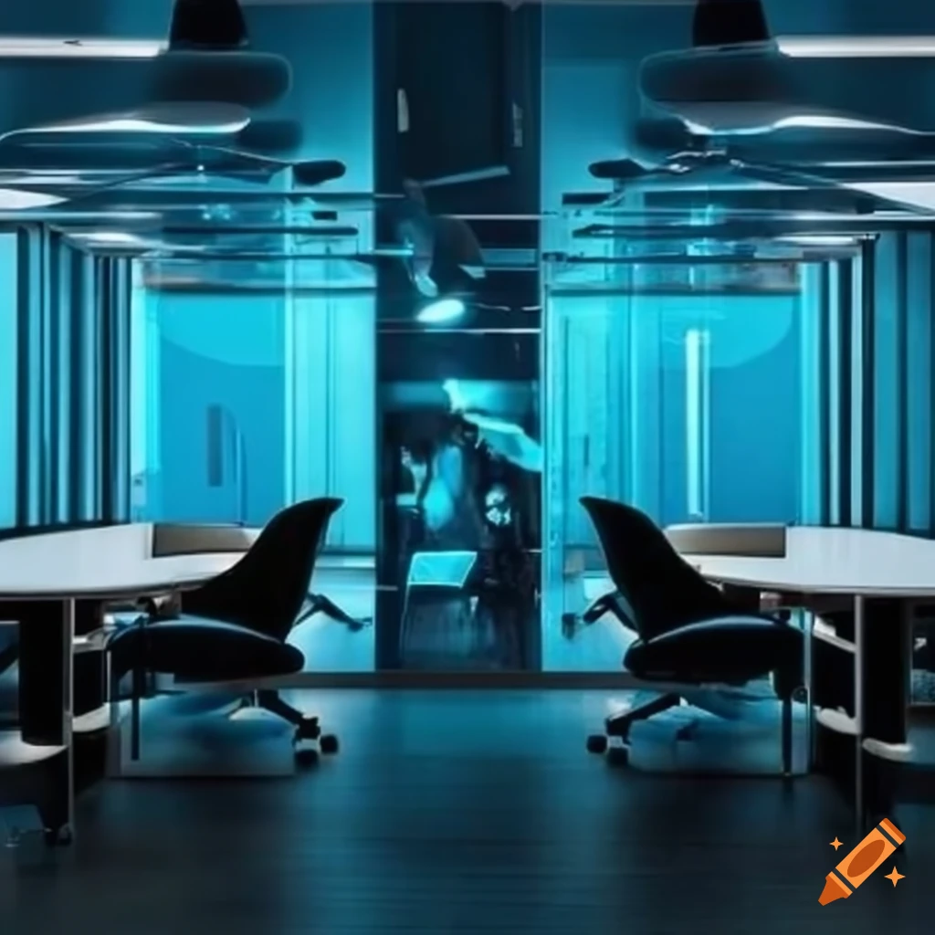 Modern office spaces for employees with sleek design, high-tech gadgets ...