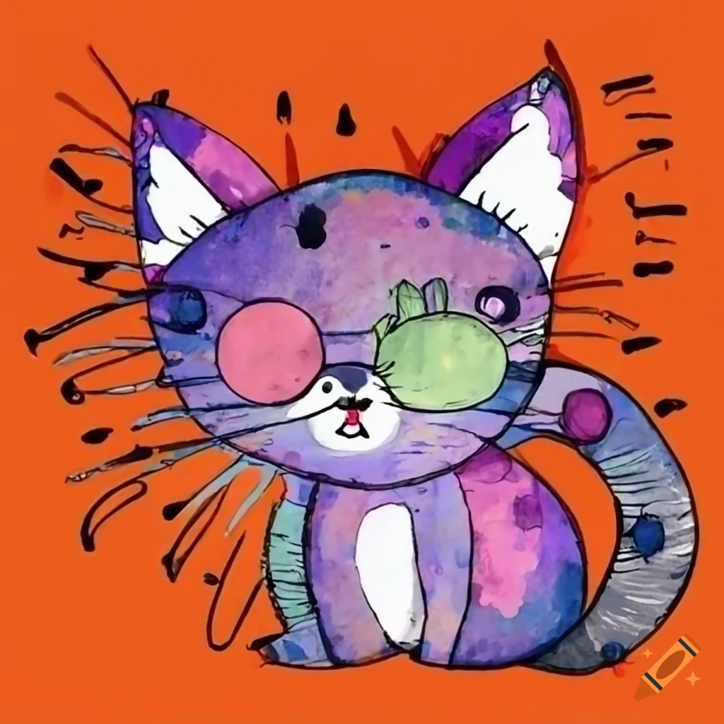 Psycho kitten cartoon made of scribbles, vibrant watercolor on Craiyon
