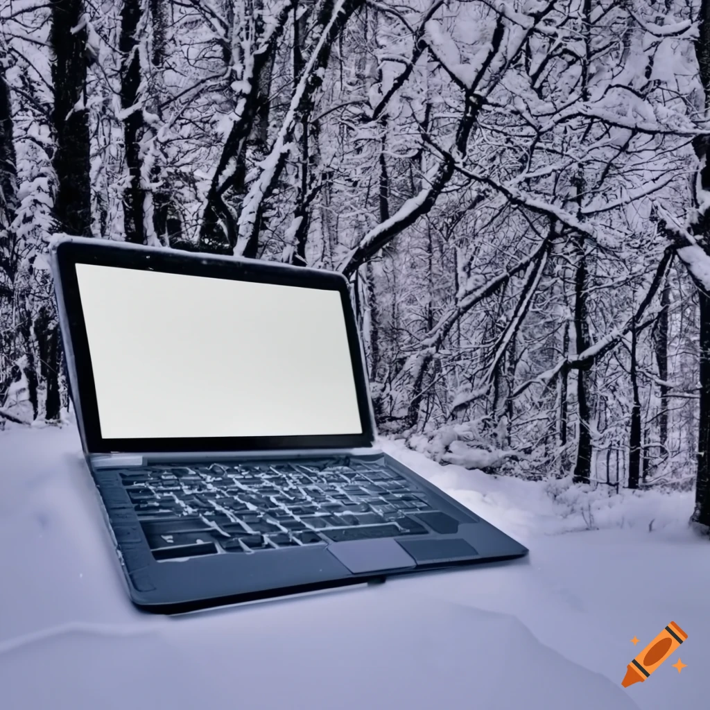Laptop in a snowy forest on Craiyon