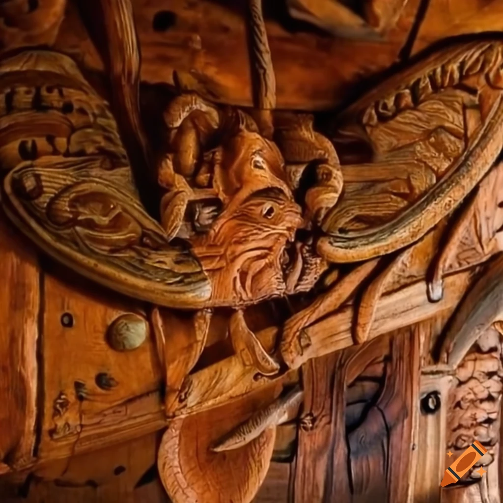 Detailed carving of insects on a pirate ship's deck on Craiyon