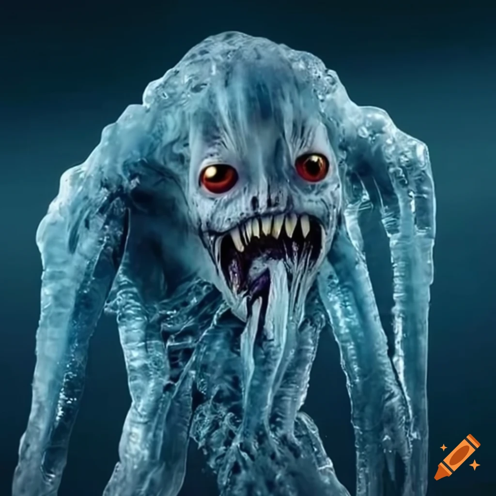 A scary ice monster made of thin transparent icicles. it's the shape of ...