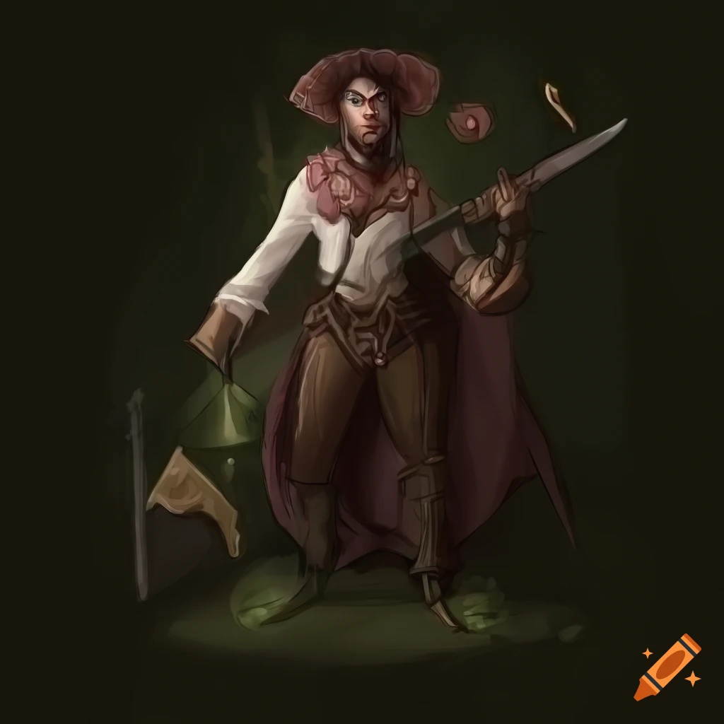 A DnD character as a Bard. A man with 1,8m height darker skin color and ...