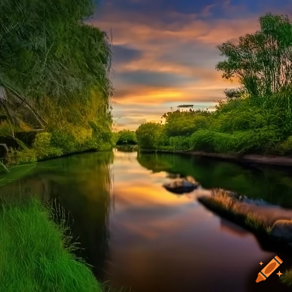 In a moderate cloudy evening a streamlet lays ahead of the beaver cave ...