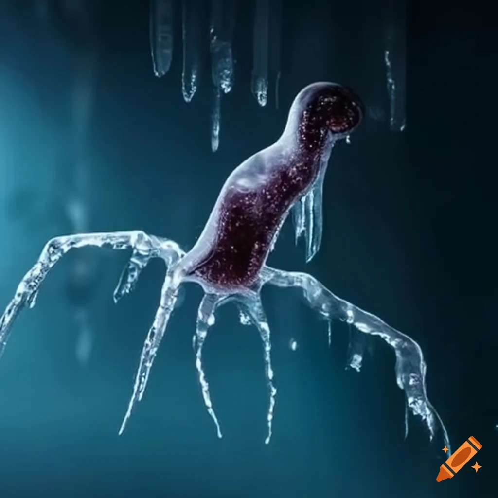 A thin, lean ice insect monster made of thin transparent icicles