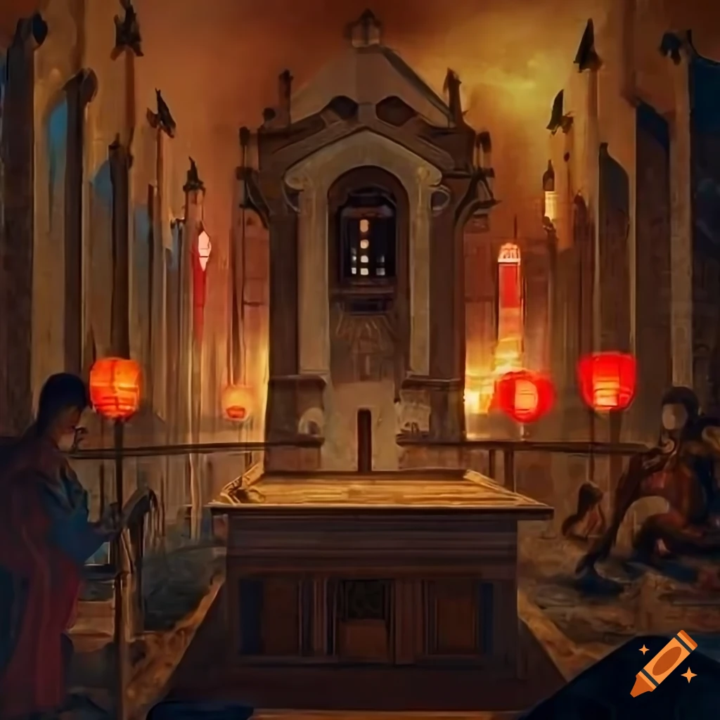 Bold graphic of futuristic sci fi Catholic altar shrine, with Chinese ...