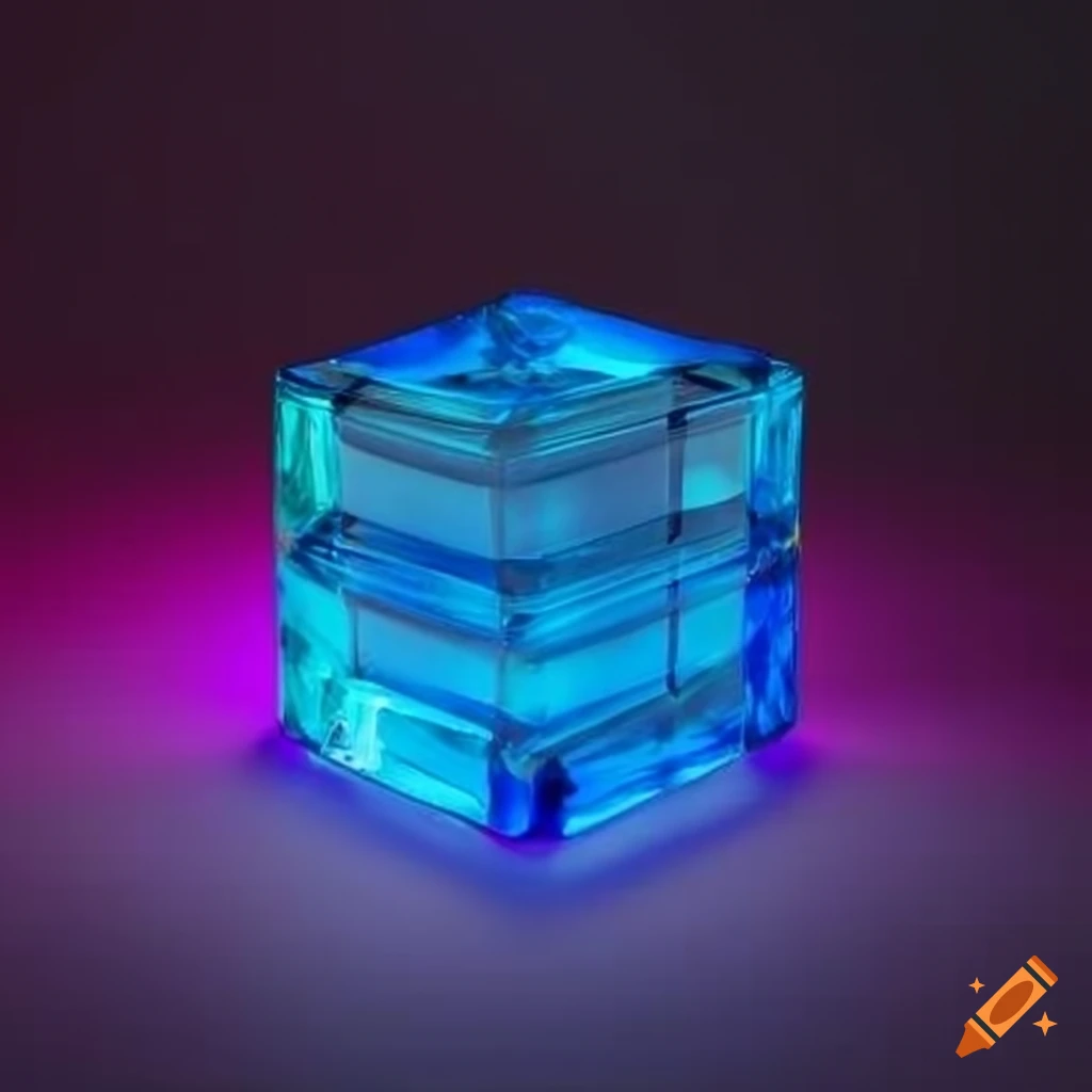 Backlit vibrant clear blue and pink glass cube on Craiyon