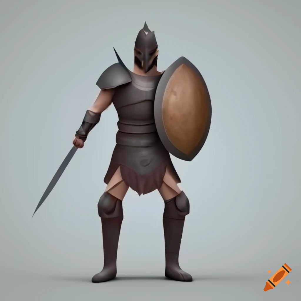 3D Model of a warrior wielding a sword and shield, simple design, flat ...