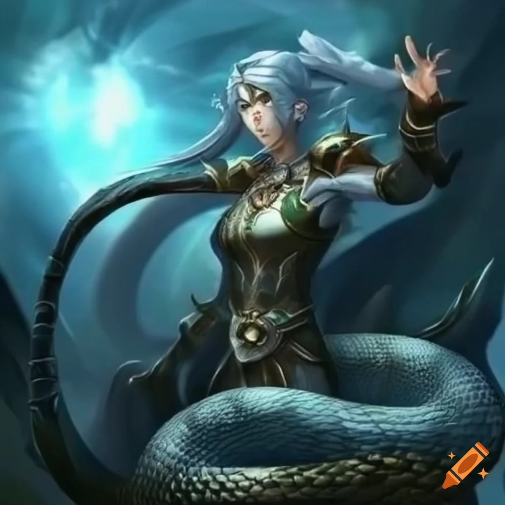 Male yuan-ti, long white hair, strong, snake scales, tribal on Craiyon