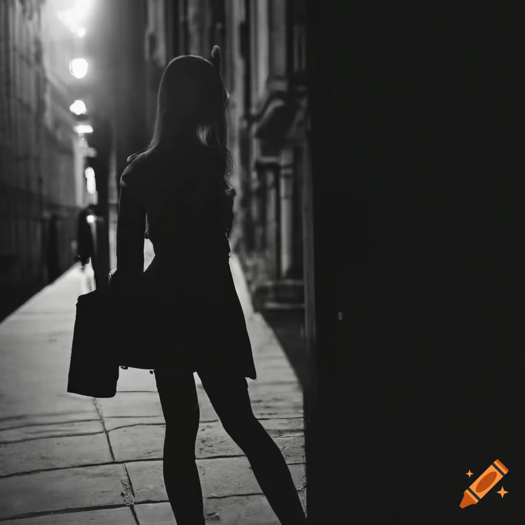 Women in street, shadow, back-light, monochrome photograph