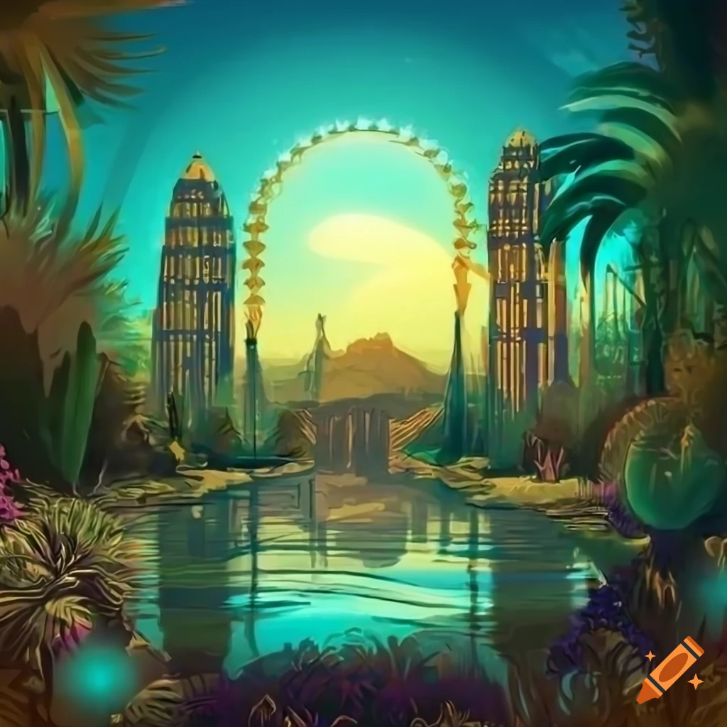 Enchanted oasis city Babylonian garden, majestic, detailed Illustration ...