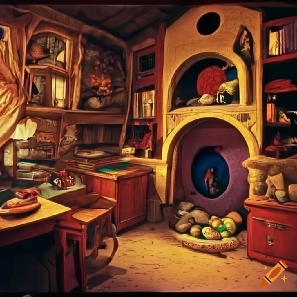 Interior of a cartoon house, hobbit home, living room, sofa, halls ...
