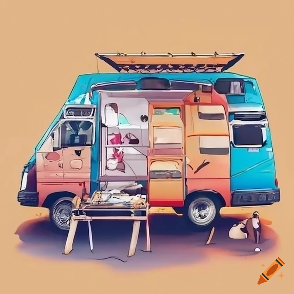 A van transformed into a mobile workshop with awning and people ...