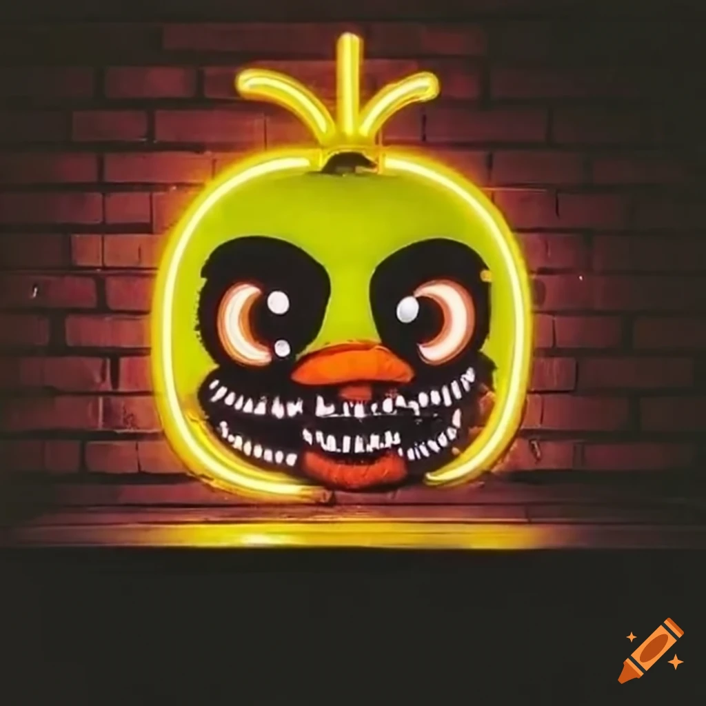 A vibrant yellow neon light sign of FNaF Chica the Chicken’s face on ...