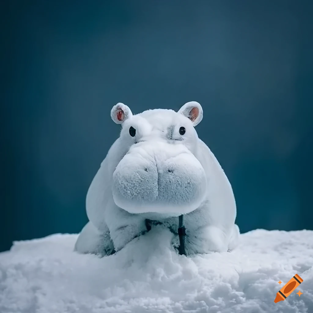 A super cute snow sculpture of a hippopotamus, product photo on Craiyon