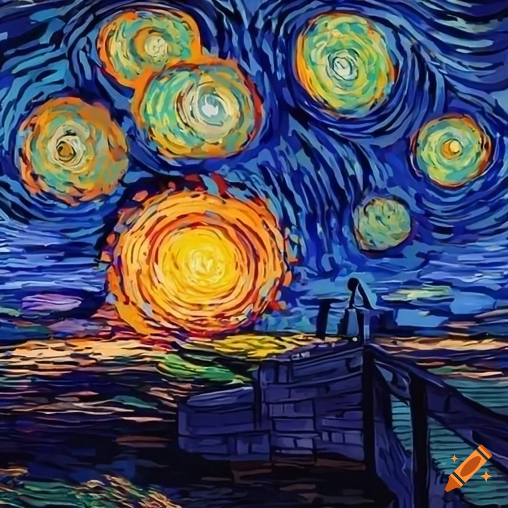 Explosion of color, bridge in silhouette over alien landscape with ...