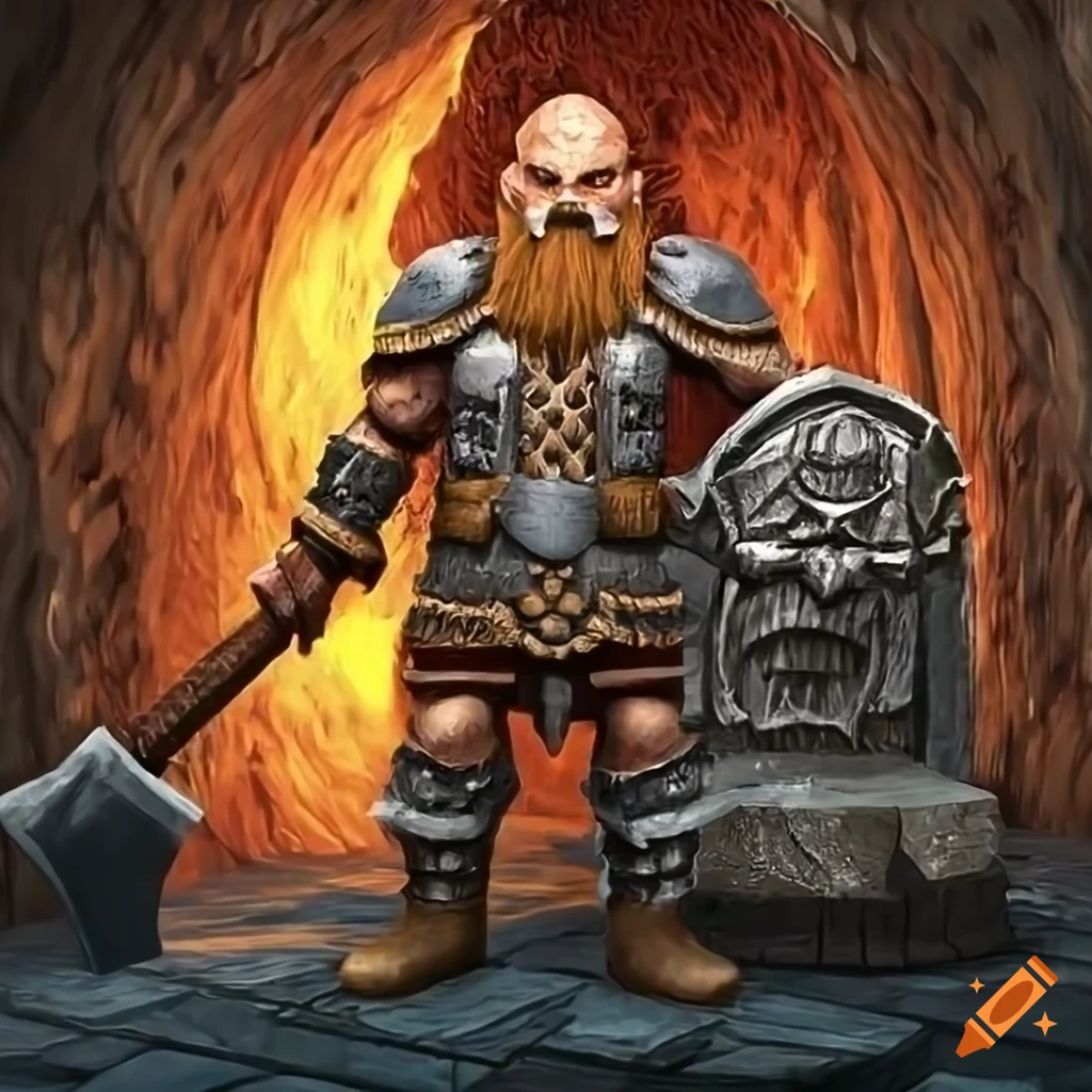 Dwarven warrior face holding an axe in front of a dwarven mine where ...
