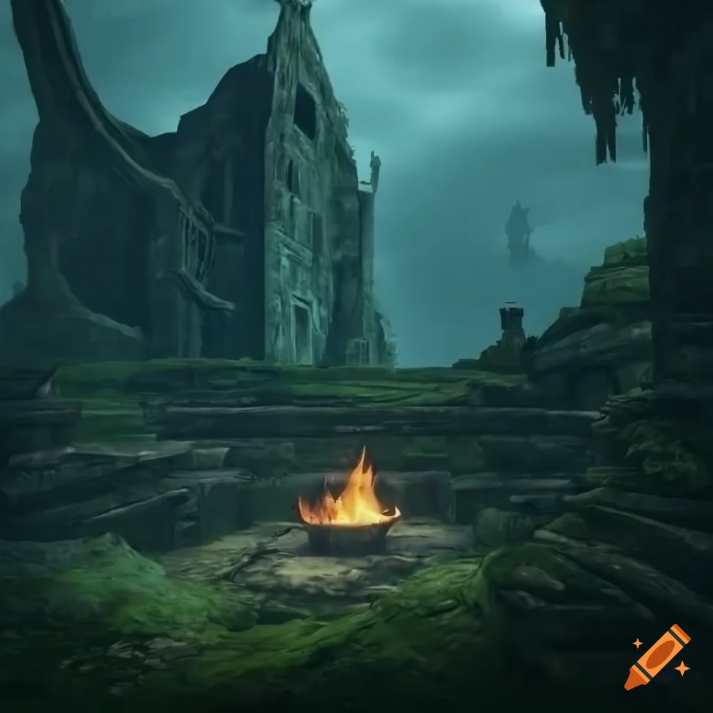 Dark souls, firelink shrine, ruins, stone, moss, green, 2 stairs ...