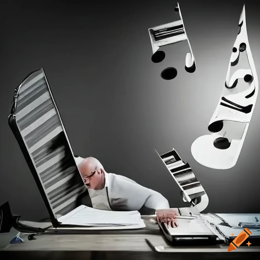 A giant music note floating above an office worker working at his desk