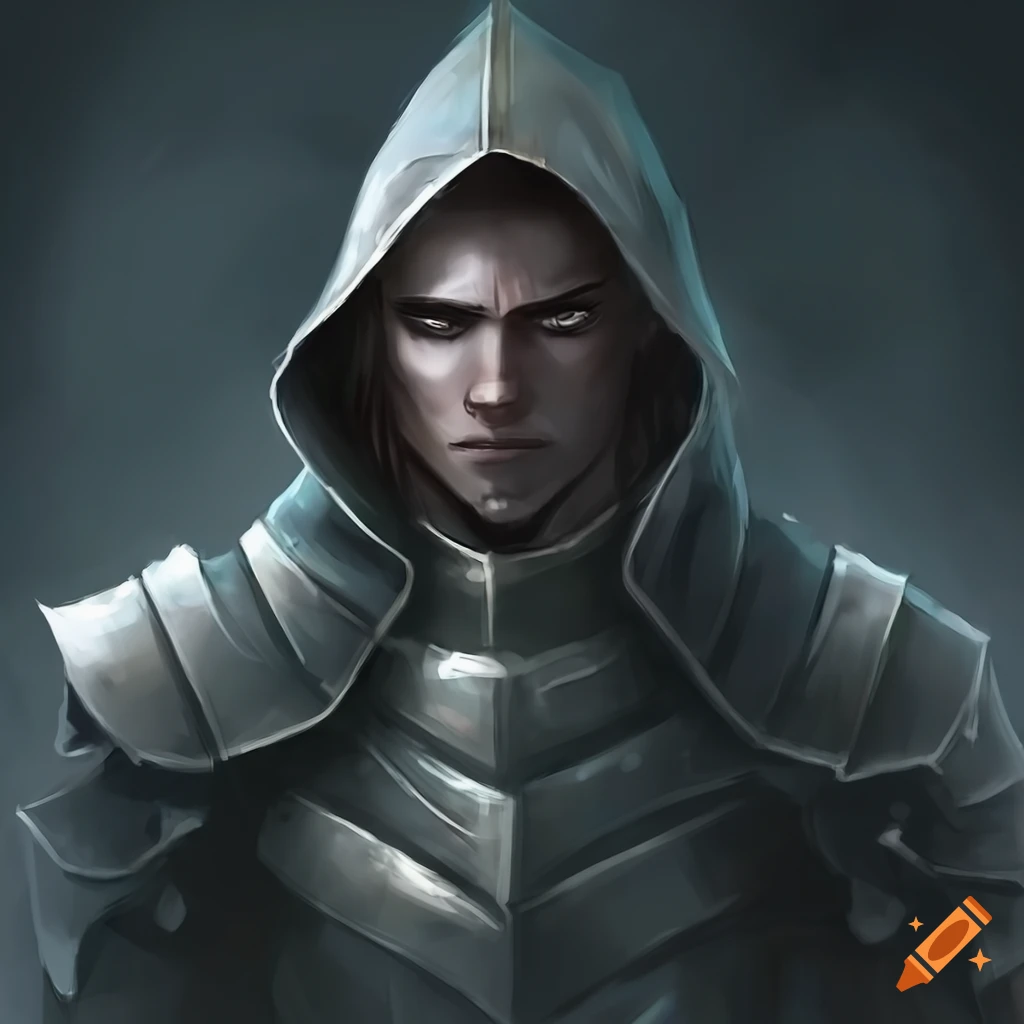 Man human, Paladin, fantasy, hooded, black hair and black eyes on Craiyon