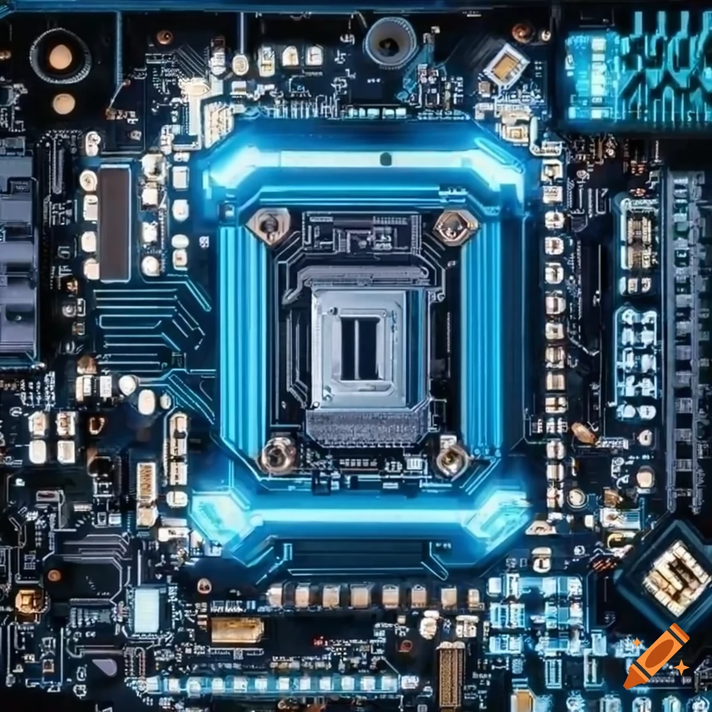 An intricate futuristic motherboard with illuminated circuitry