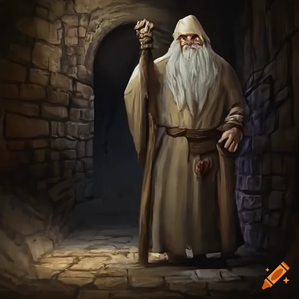 A realistic wizard walking down a dungeon corridor