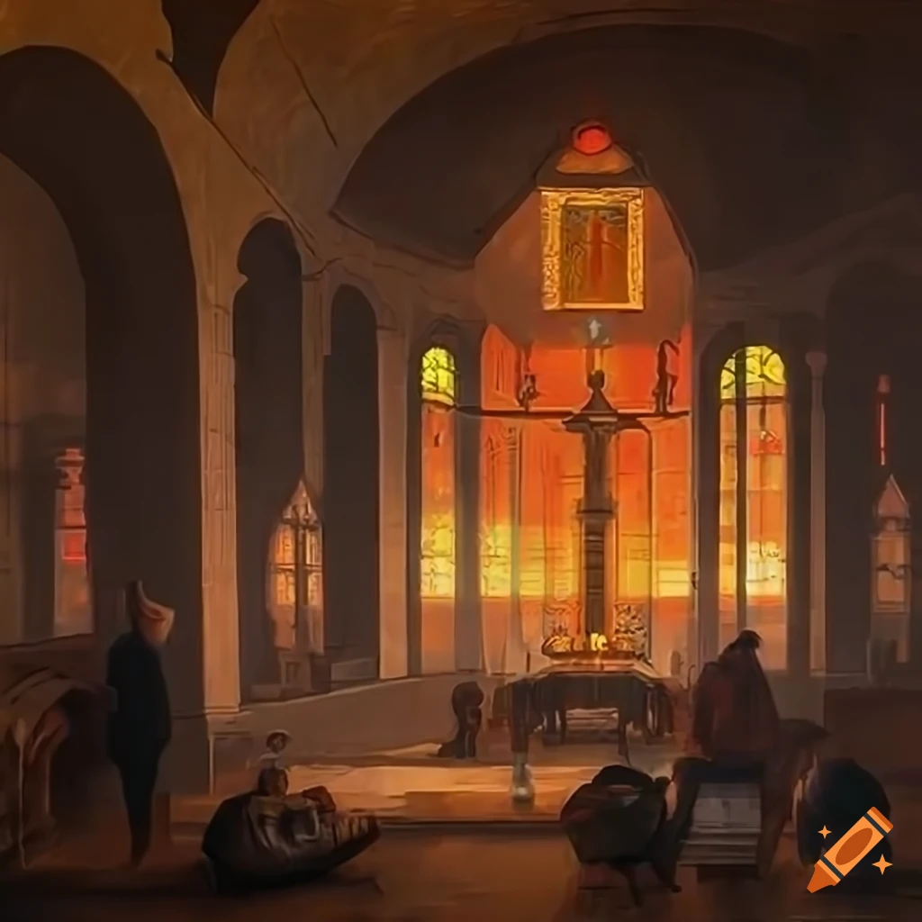 Bold graphic of futuristic sci fi catholic altar shrine, with chinese ...