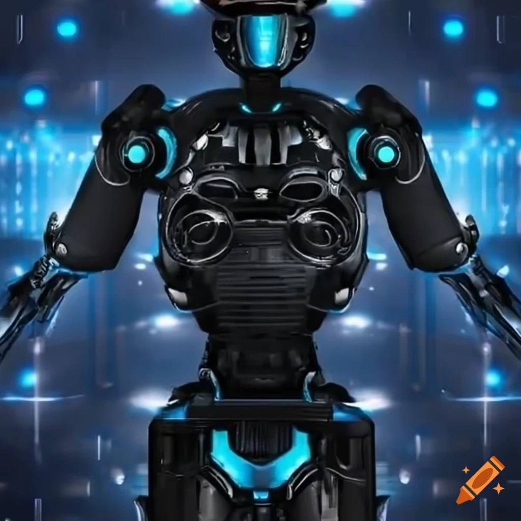 A futuristic black robot with blue accents and a glowing core on Craiyon
