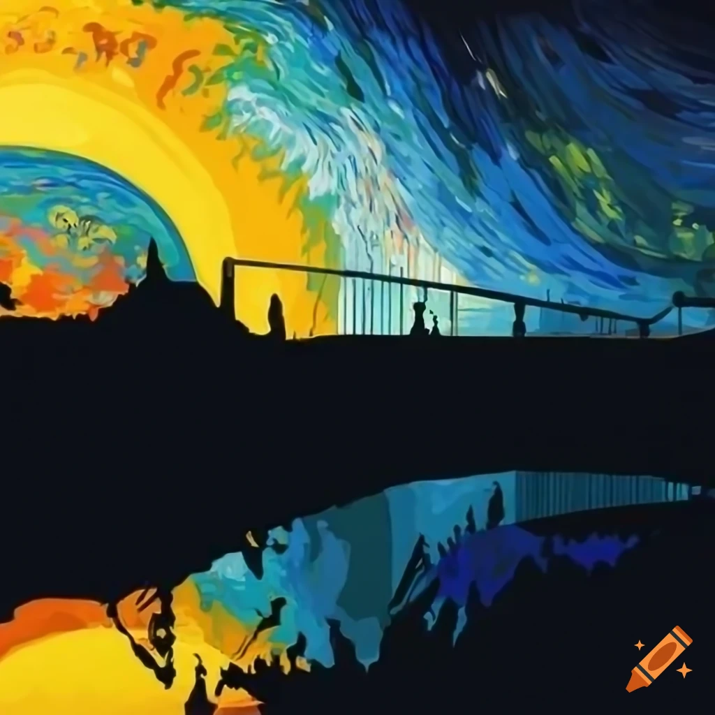 Explosion of color, suspension bridge in silhouette over cliffs and ...