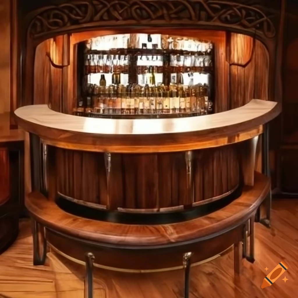 Viking bar with metal and wooden accents, curved arch over bar on Craiyon