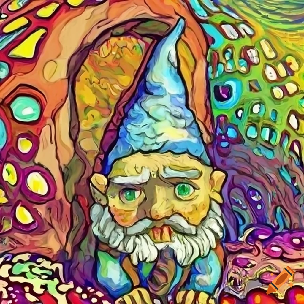 Trippy eyed gnome living in a mushroom house with multicolored ...