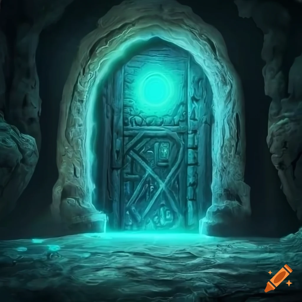 Large fortified door with glowing magical runes, photo realistic ...