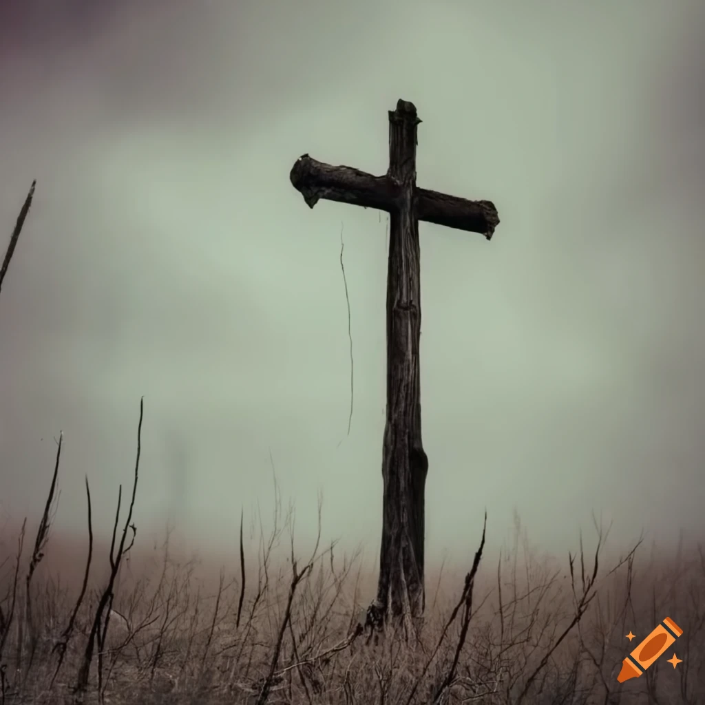 A wooden cross standing alone in a gothic-like desolate field on Craiyon