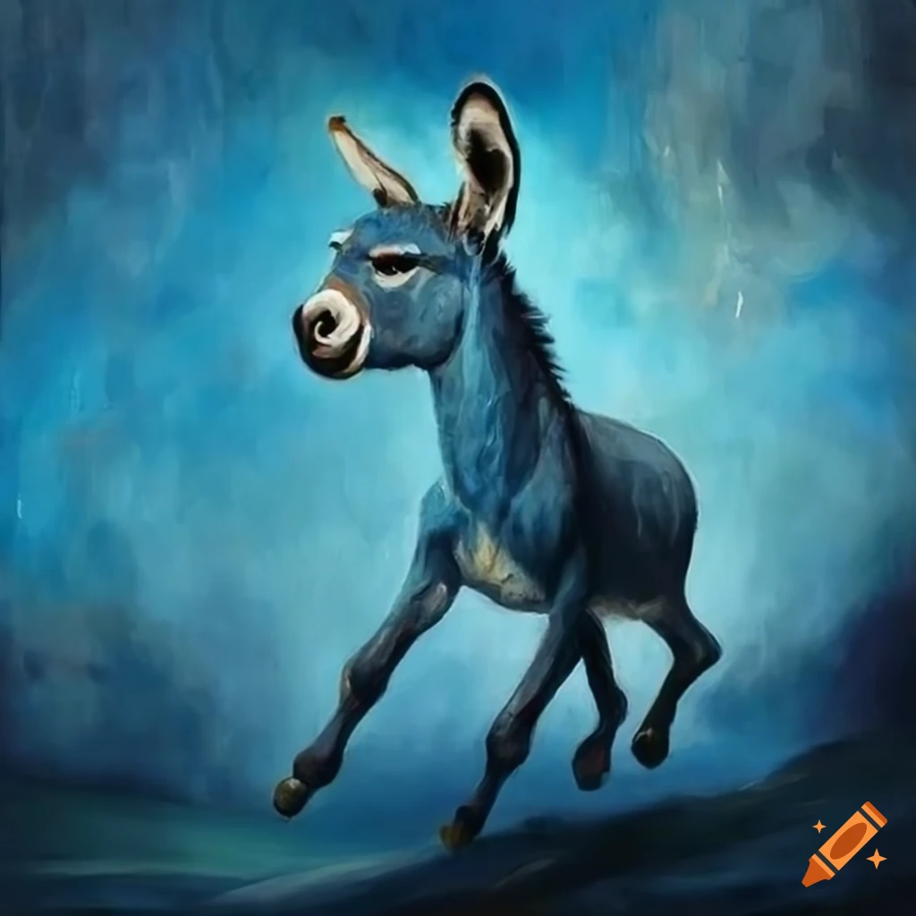 Surreal painting of blue donkeys jumping for joy on Craiyon