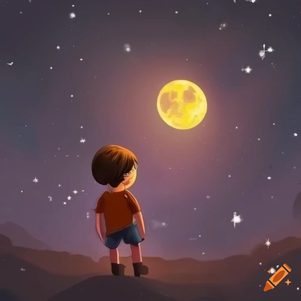Genera una ilustración de un niño llamado Martín mirando al cielo ...
