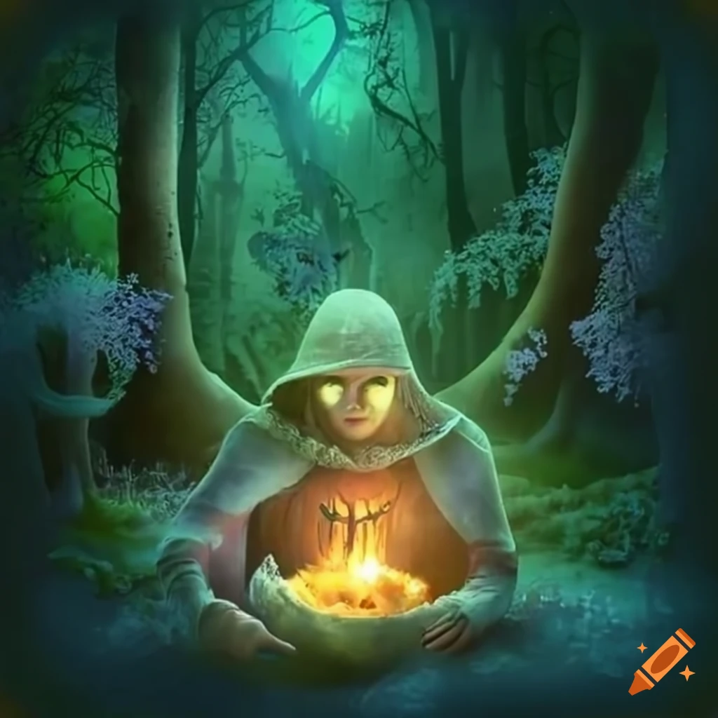 An alchemist creating a glowing element in an enchanted forest