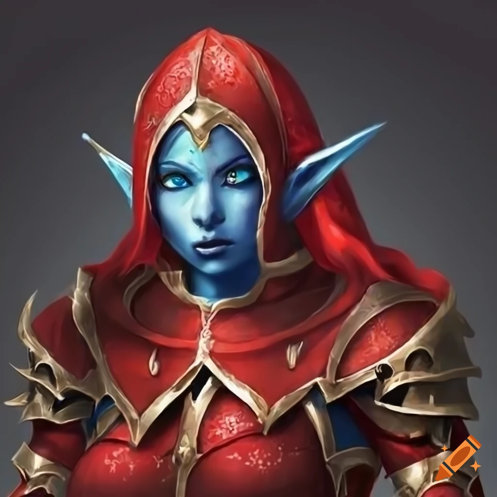 Blue skinned elf woman, blood red armor, red helmet, eyes covered with ...