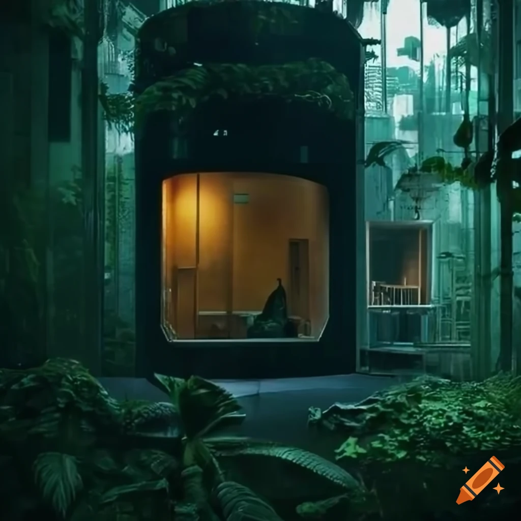 Cyberpunk dystopian small blocky housing unit with oval windows and ...