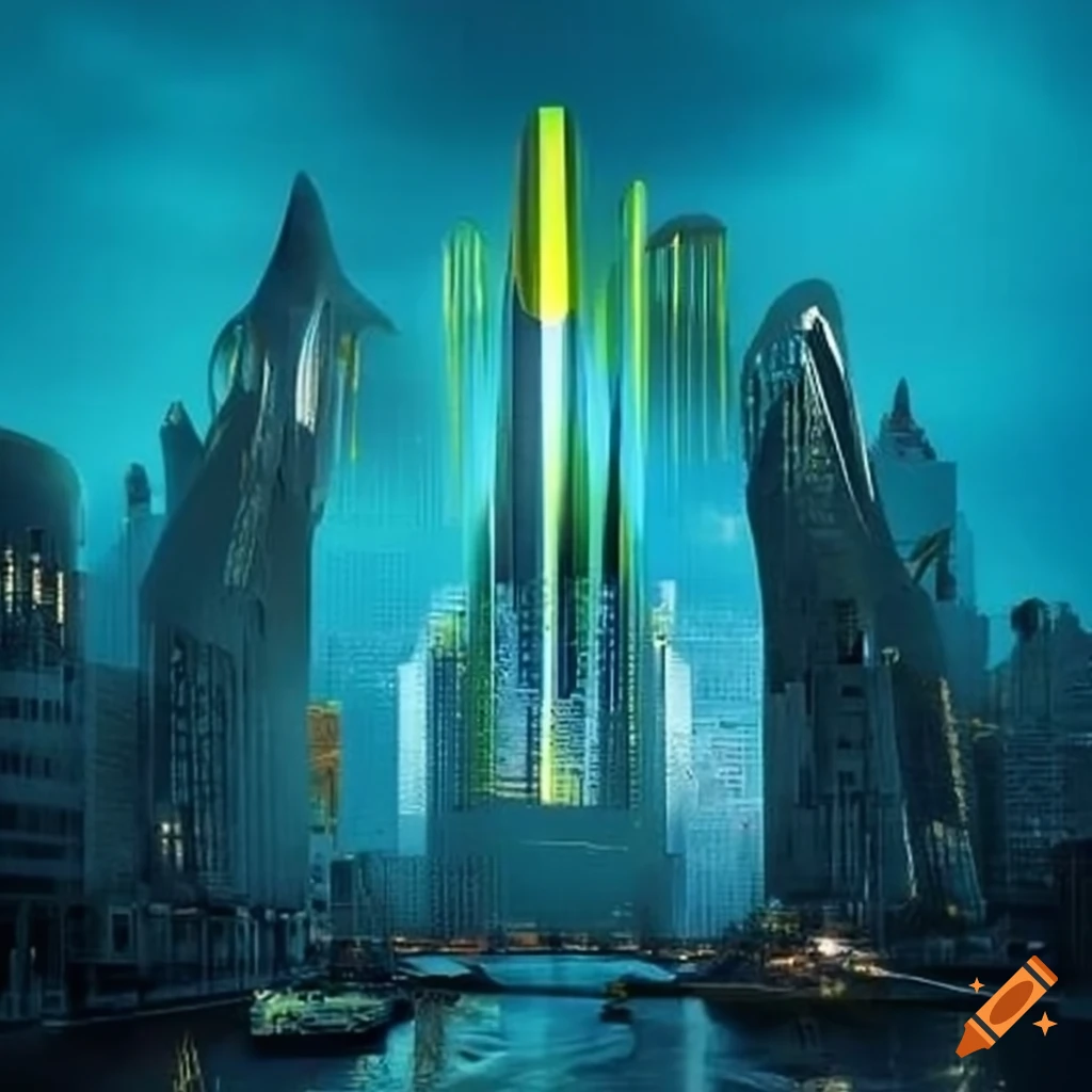 Futurist giant city weird design complex structures yellow strange ...
