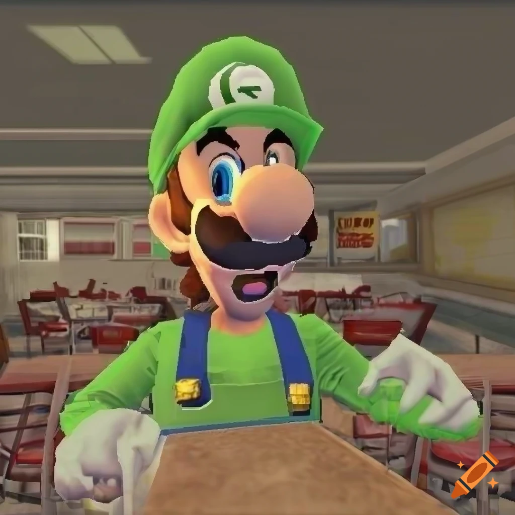 Luigi eating at a denny's restaurant in gta san andreas on Craiyon