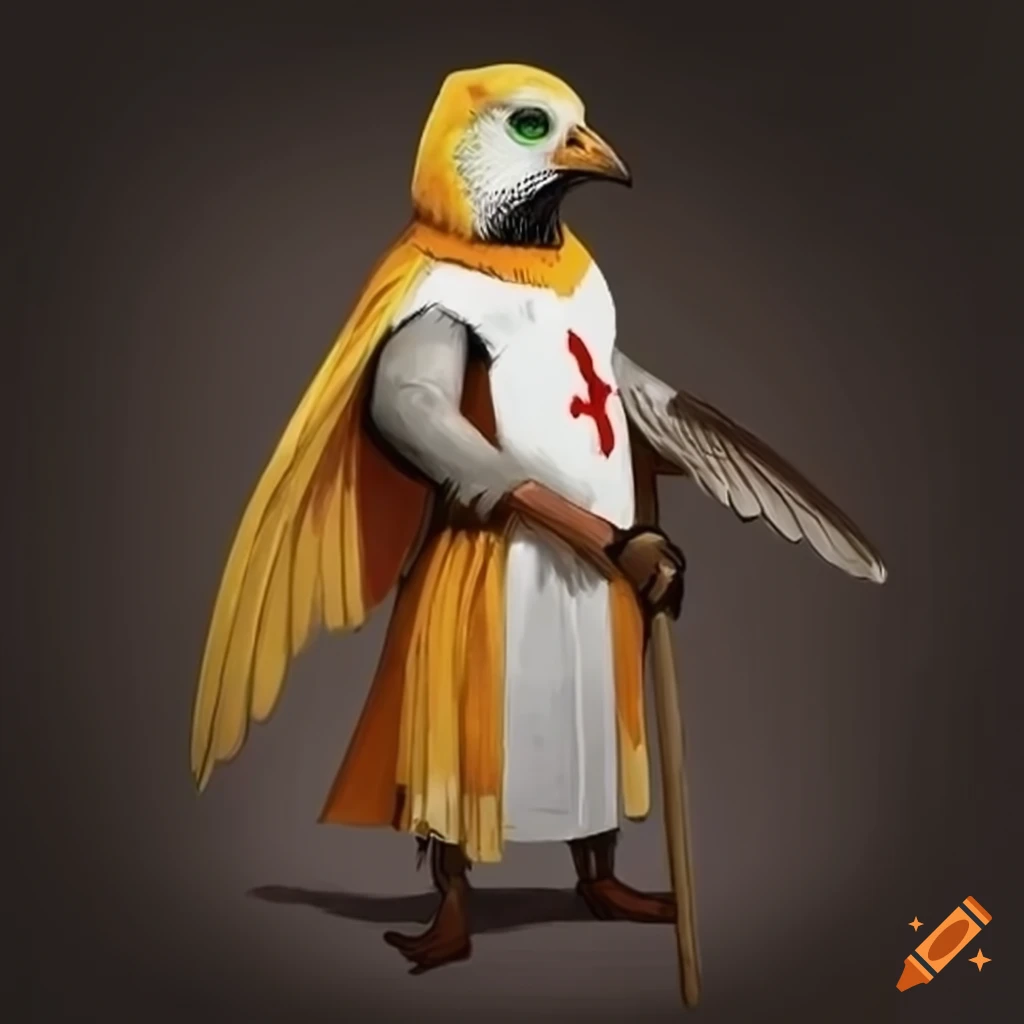 Blind anthropomorphic avian bird dressed as a crusader on Craiyon