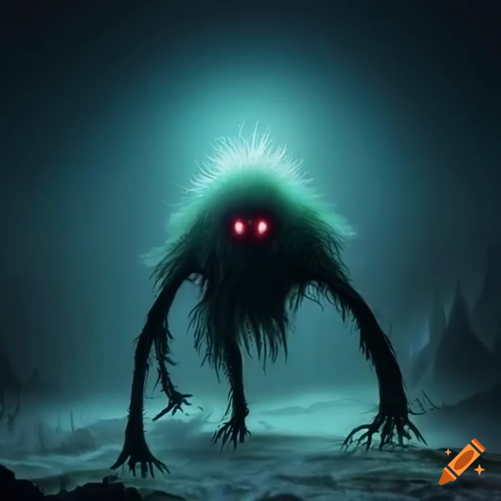 Mysterious spooky hairy alien creature with glowing eyes in dark alien landscape with drifting ...